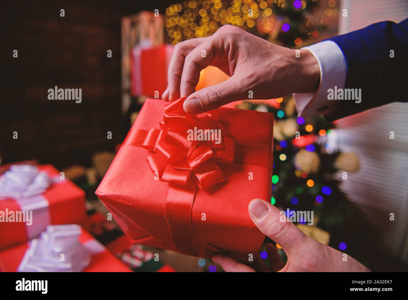 Prepare for christmas and new year. Magic moments. Gift boxes with big ...