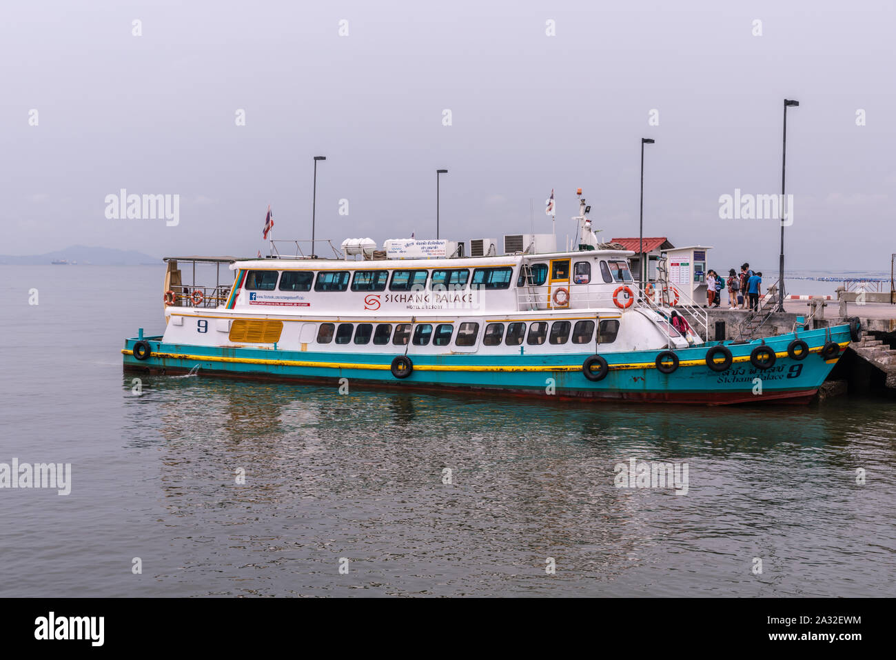 Si Racha, Thailand - March 16, 2019: Blue white Sichang ferry boat ...