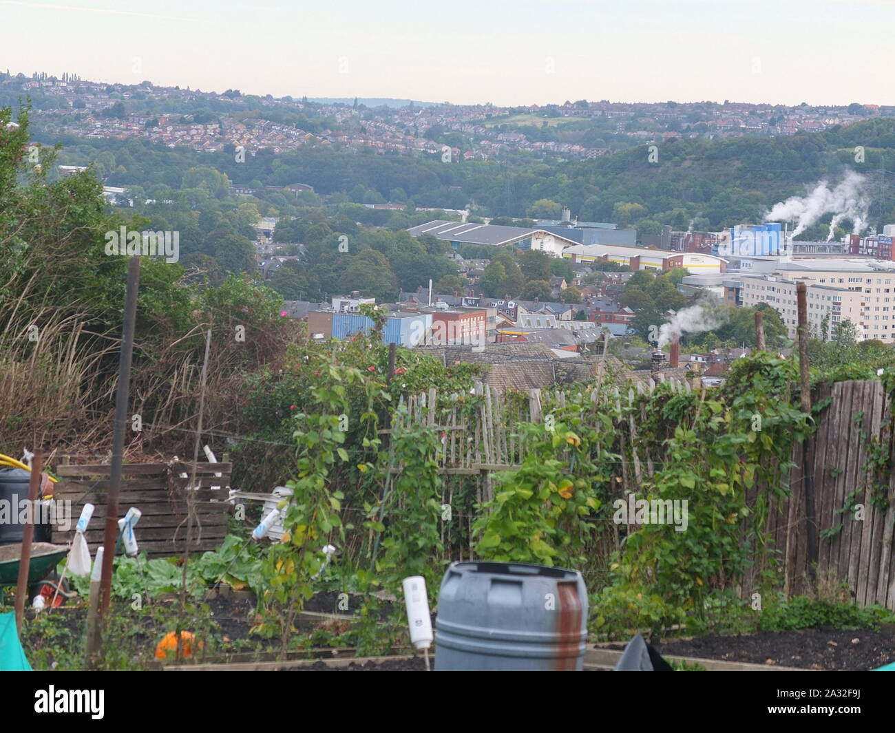 Urban UK allotments on Autumn morning with city background of block of ...