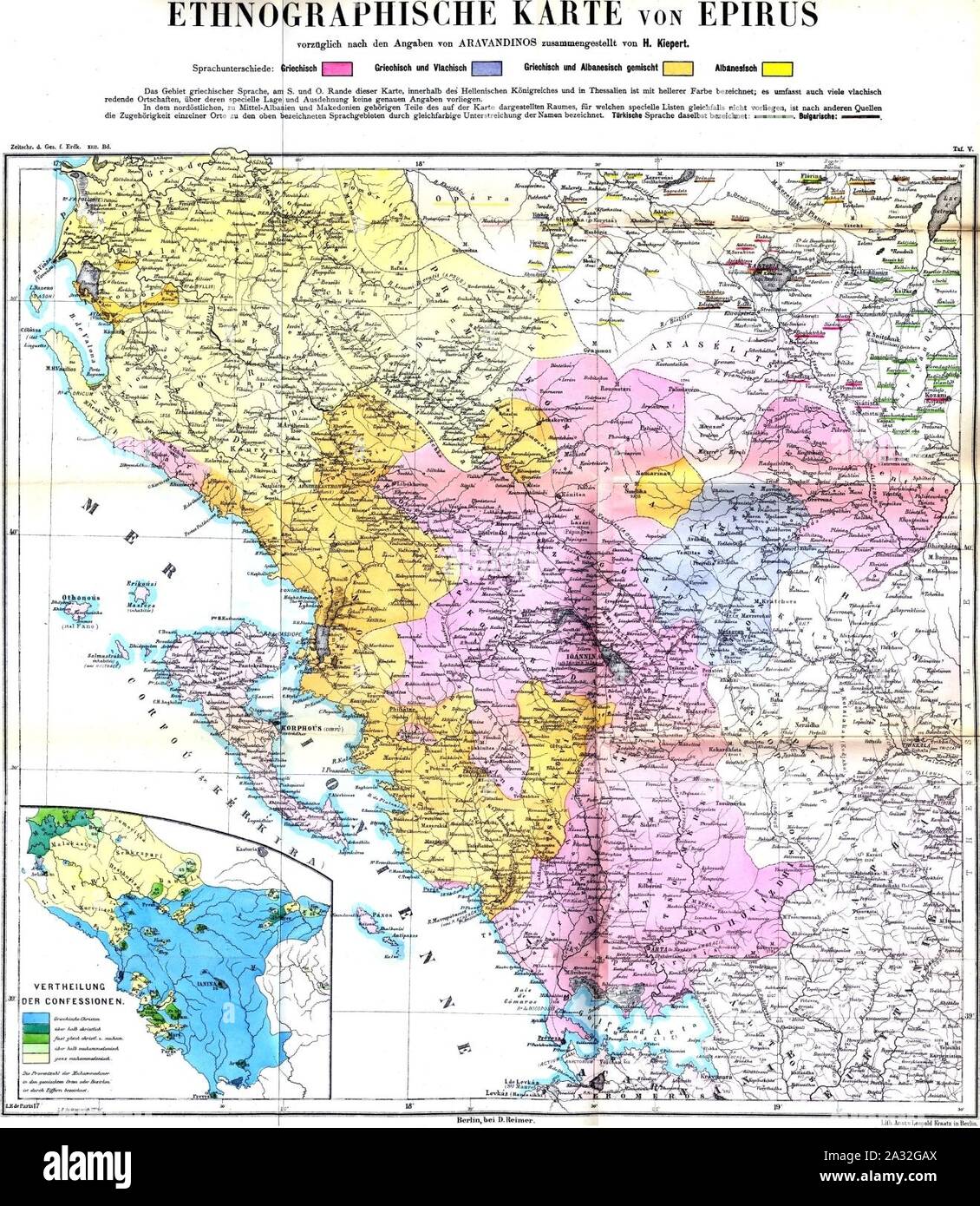 Ethnographic map of Epirus, based on P. Aravandinos, 1878 Stock Photo ...