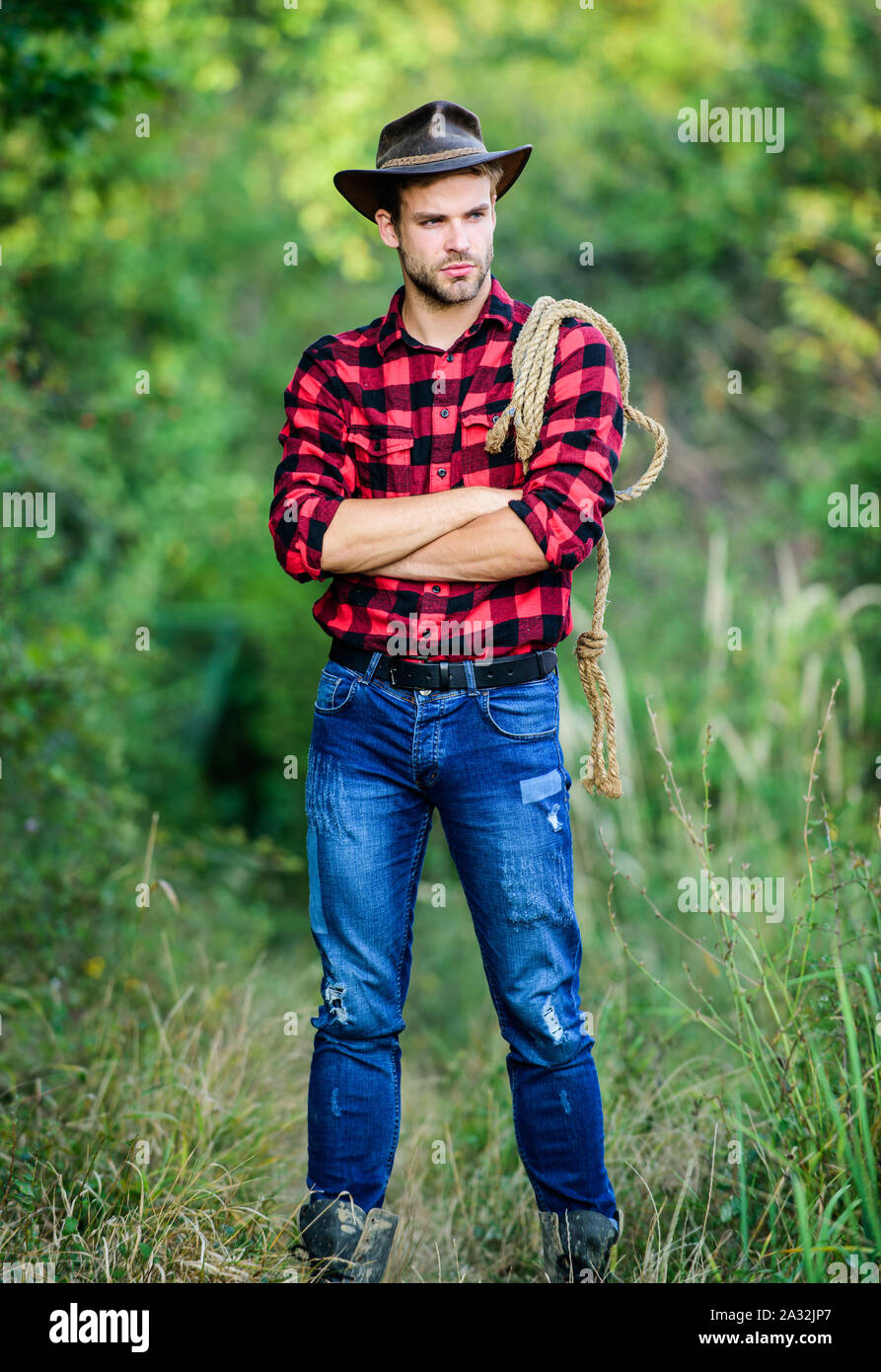 Cowboys are gentlemen. wild west rodeo. man in hat outdoor. man ...