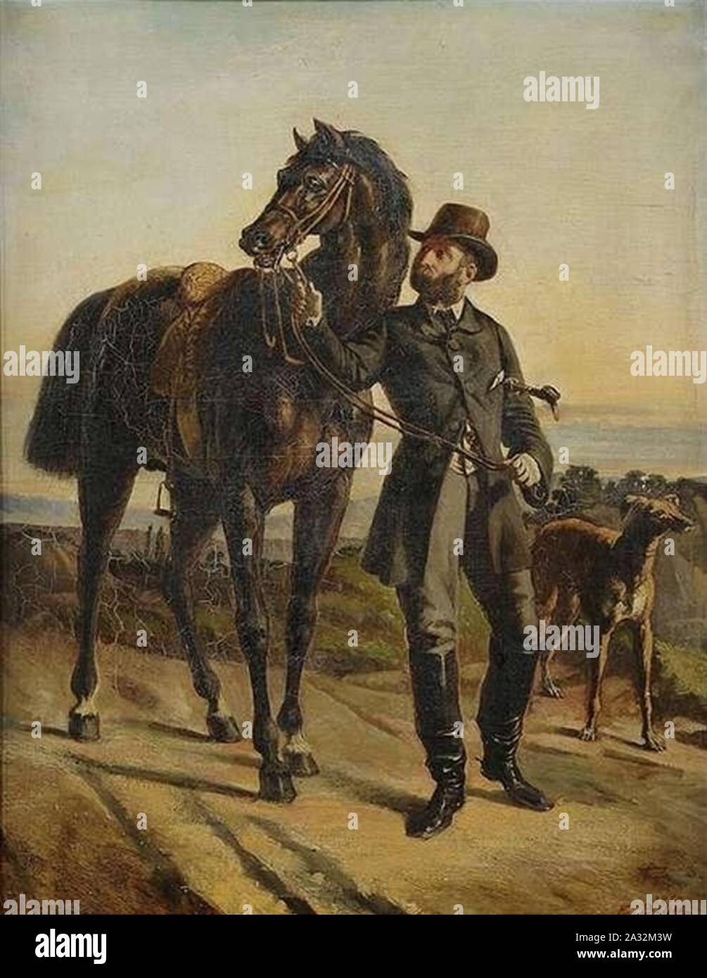 Eugène Beyer - Portrait of a gentleman rider with his black horse Stock ...