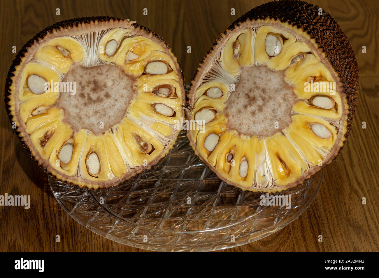 Jackfruit (Artocarpus heterophyllus), sliced fruit where seeds and ...