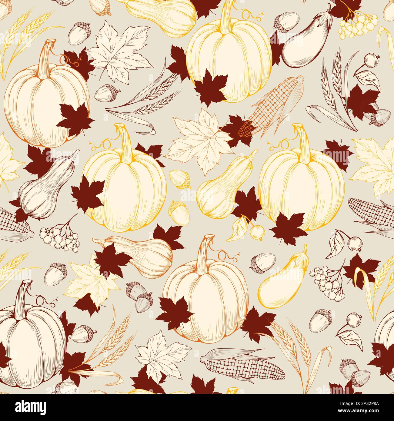 Thanksgiving pattern in sketch style with pumpkins, autumn maple leaves ...