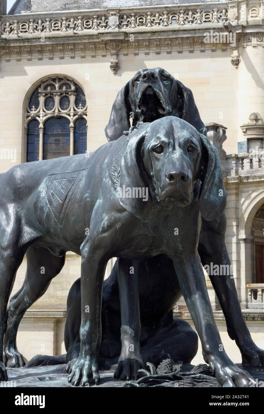 Bronze hunting dogs at Chateau de Chantilly, Chantilly, France, 2019 ...