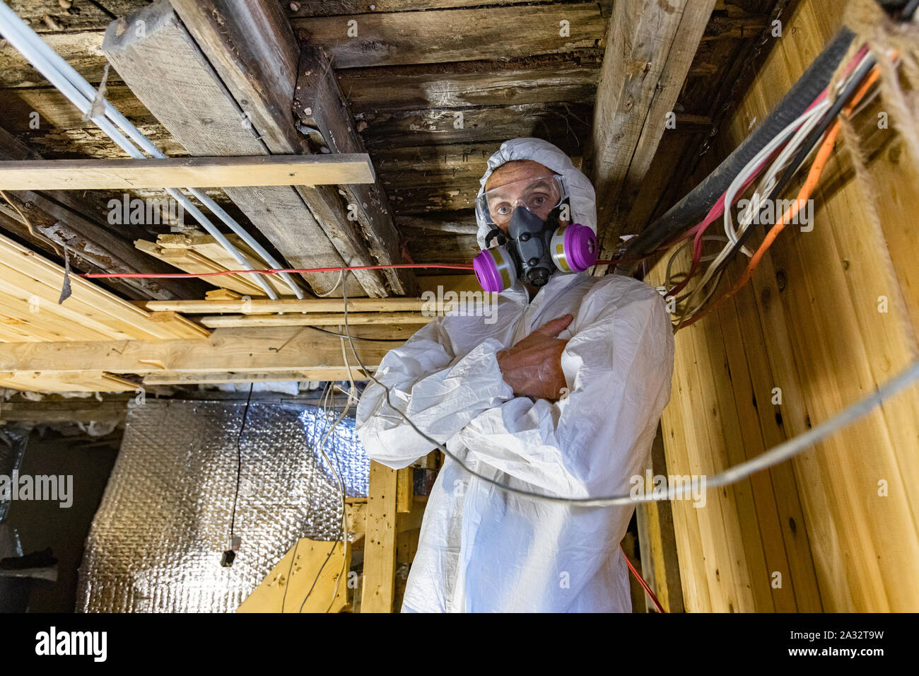 A close up view of a domestic building inspector at work inside a ...