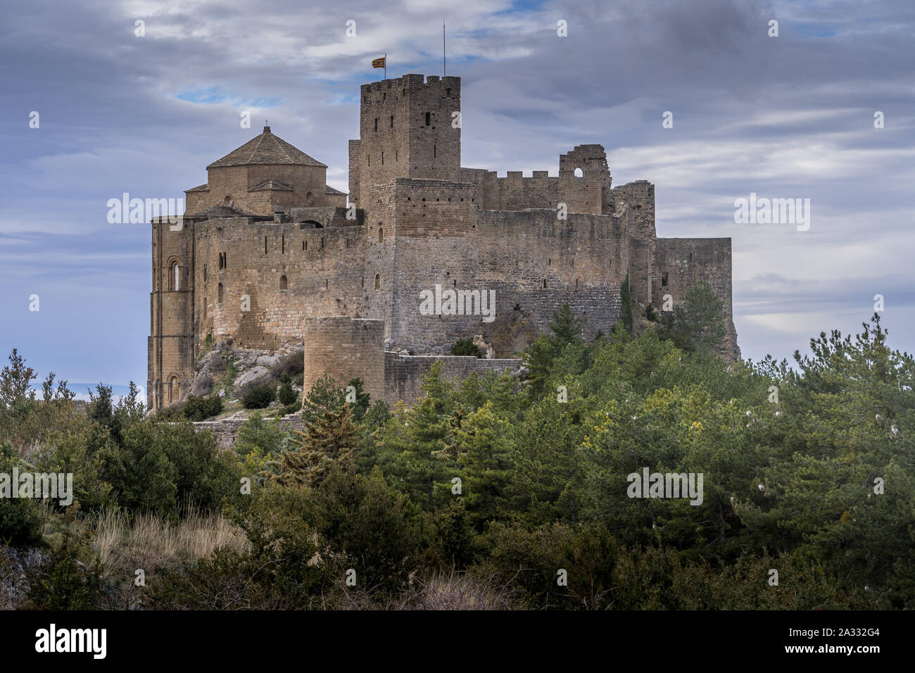 Aerial panorama view of medieval Romanesque partially restored Loarre ...
