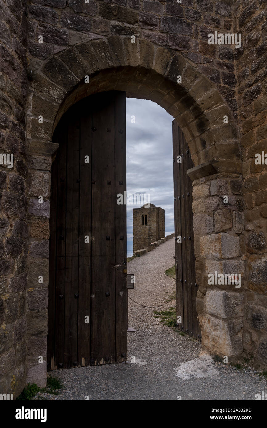 Outer castle gate of medieval Romanesque partially restored Loarre ...