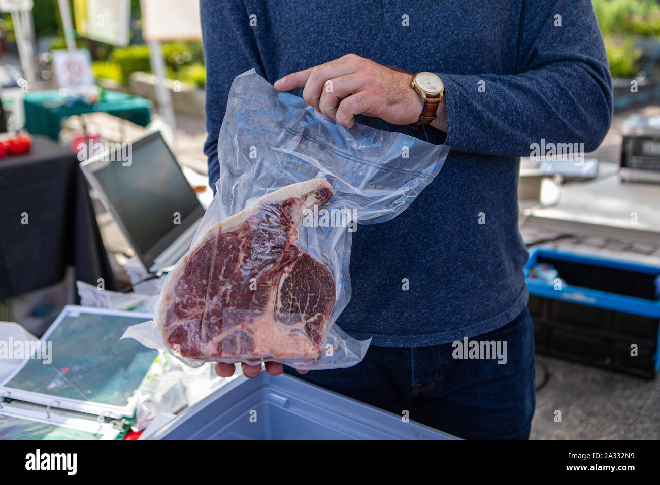 A close up view of a local butcher holding a large t-bone steak ...