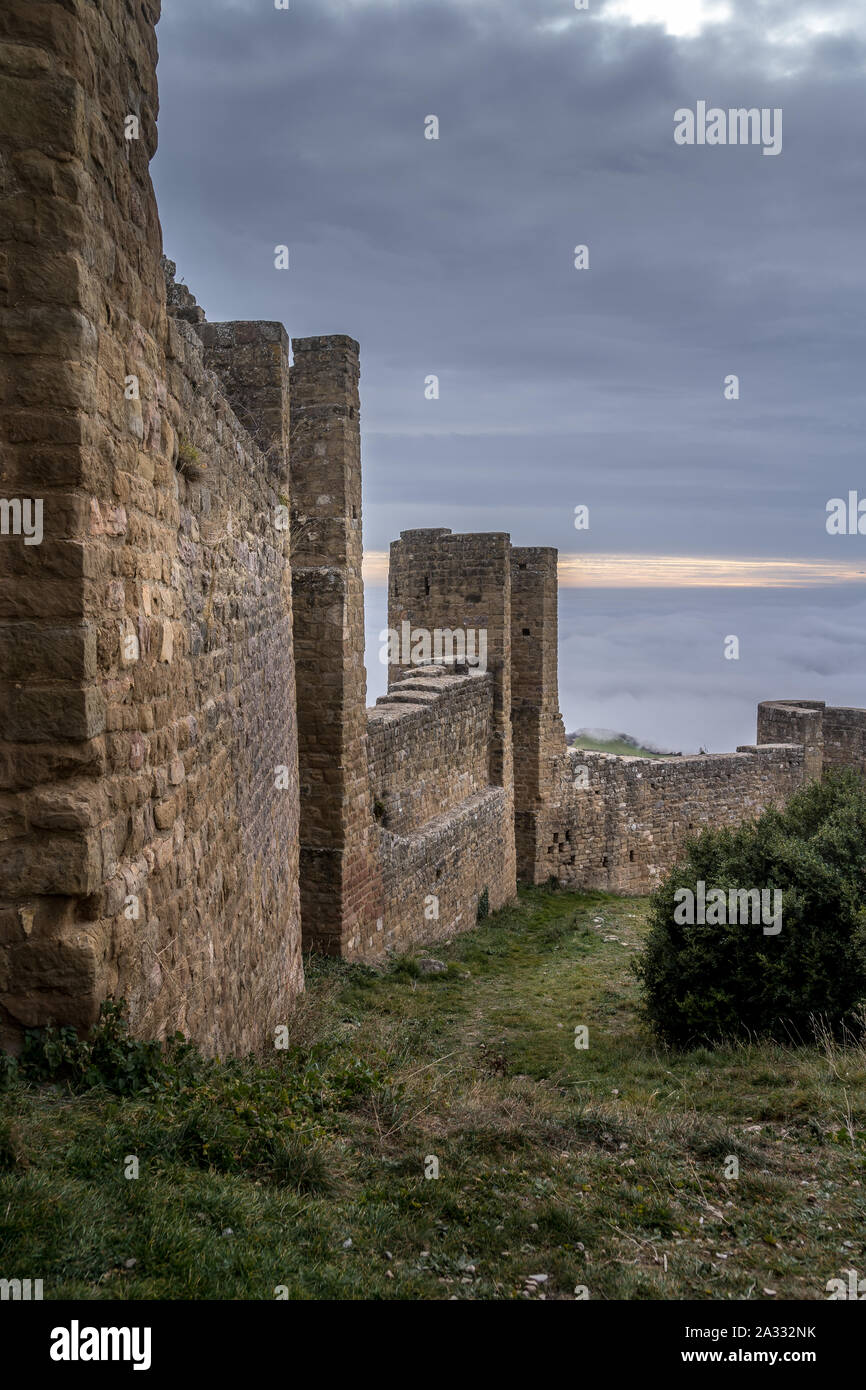 Aerial panorama view of medieval Romanesque partially restored Loarre ...