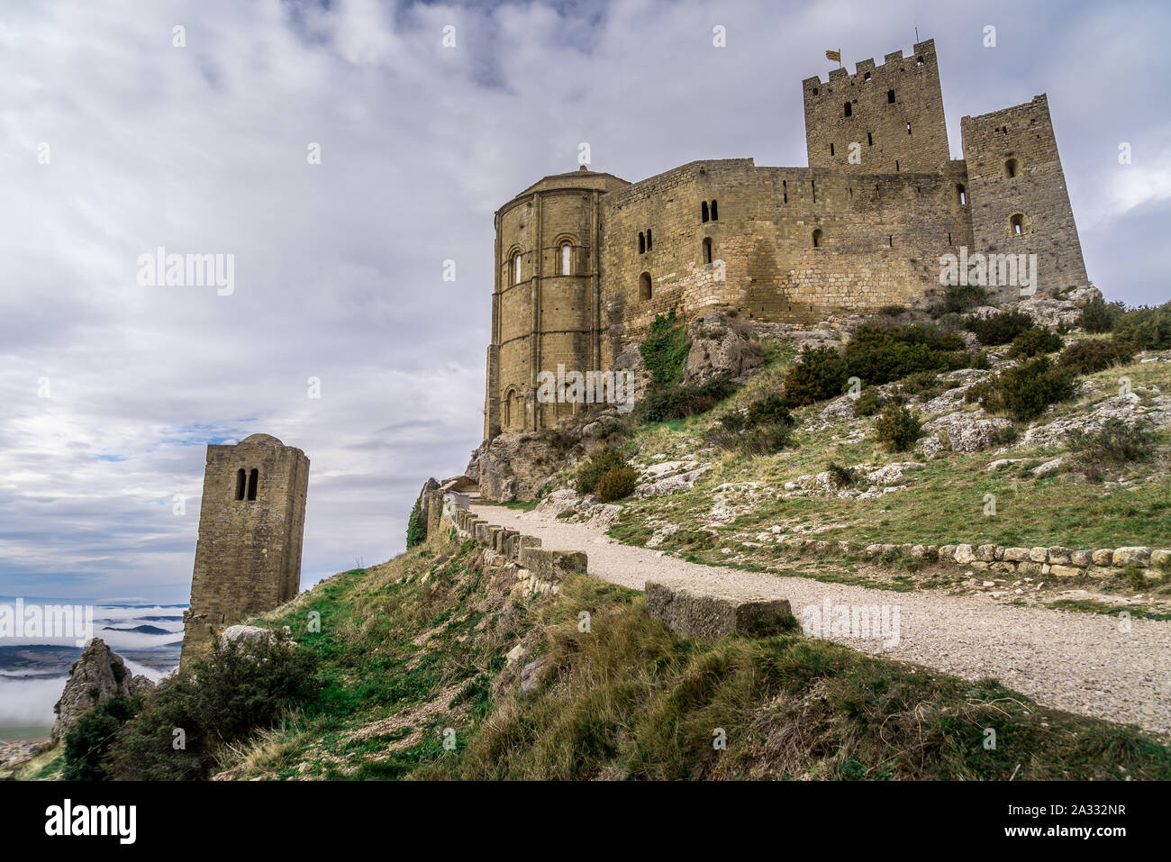 Aerial panorama view of medieval Romanesque partially restored Loarre ...
