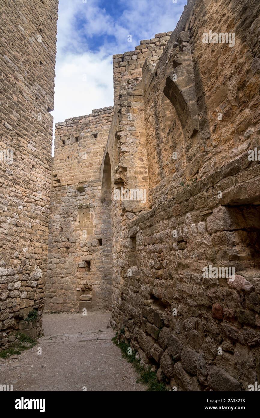 Aerial panorama view of medieval Romanesque partially restored Loarre ...