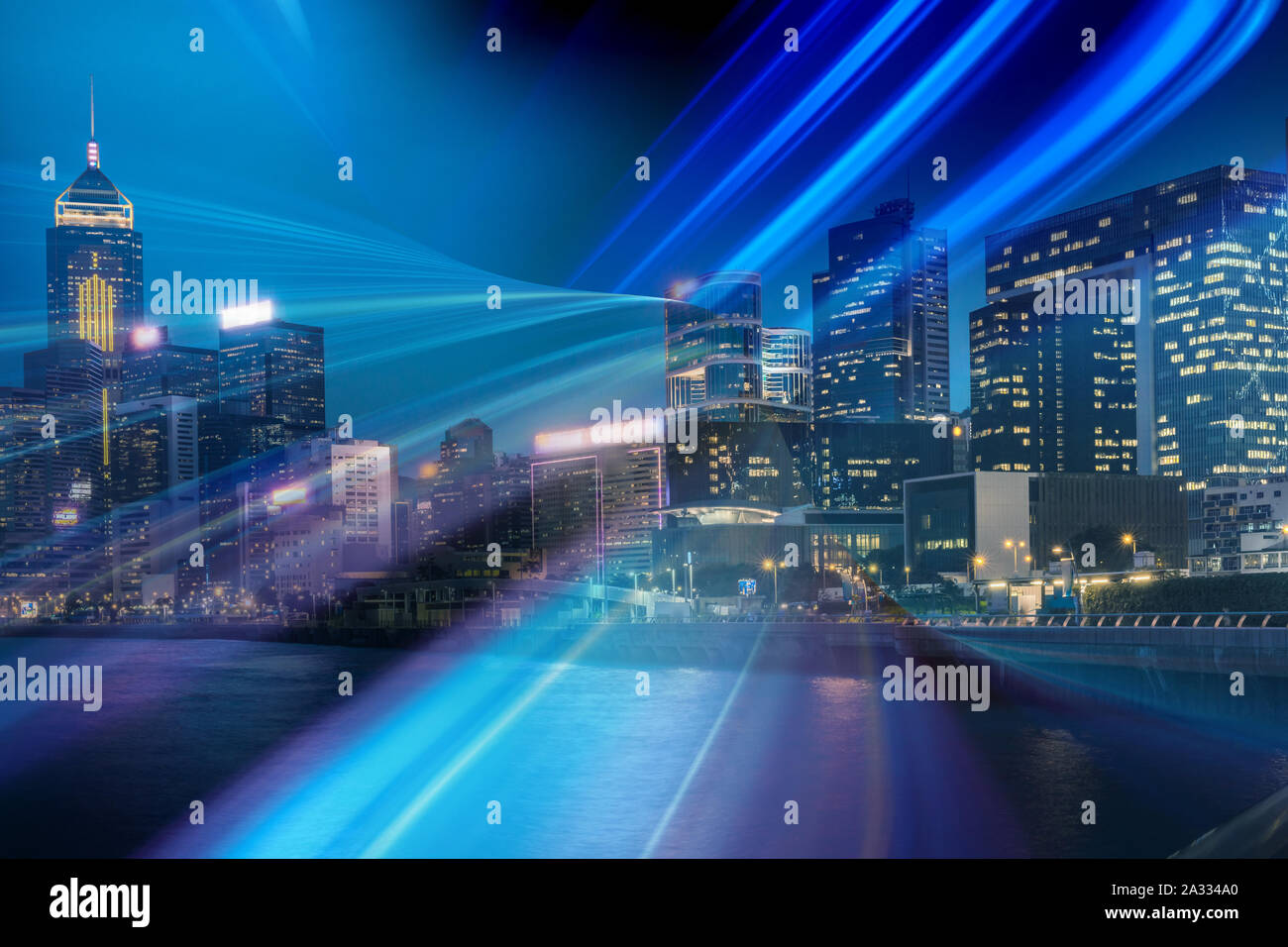 Light trails background with Hong Kong City scraper. double exposure ...