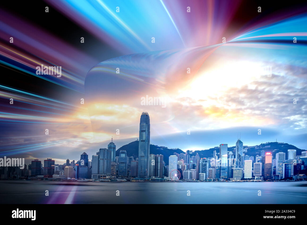 Light trails background with Hong Kong City scraper. double exposure ...