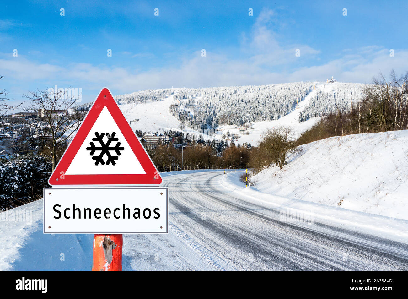 Attention snow chaos sign Stock Photo - Alamy