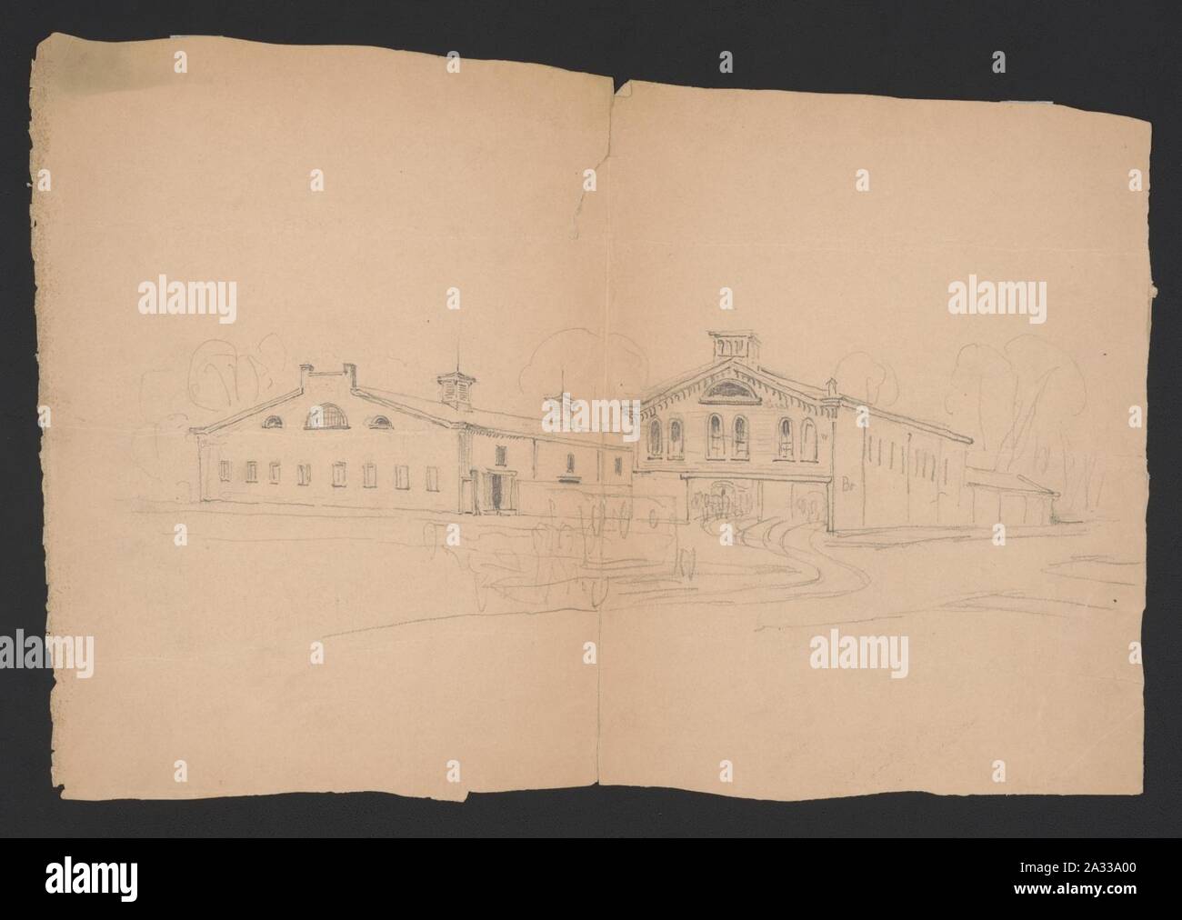 Exterior view of tram terminal building, with sketch of horses pulling ...