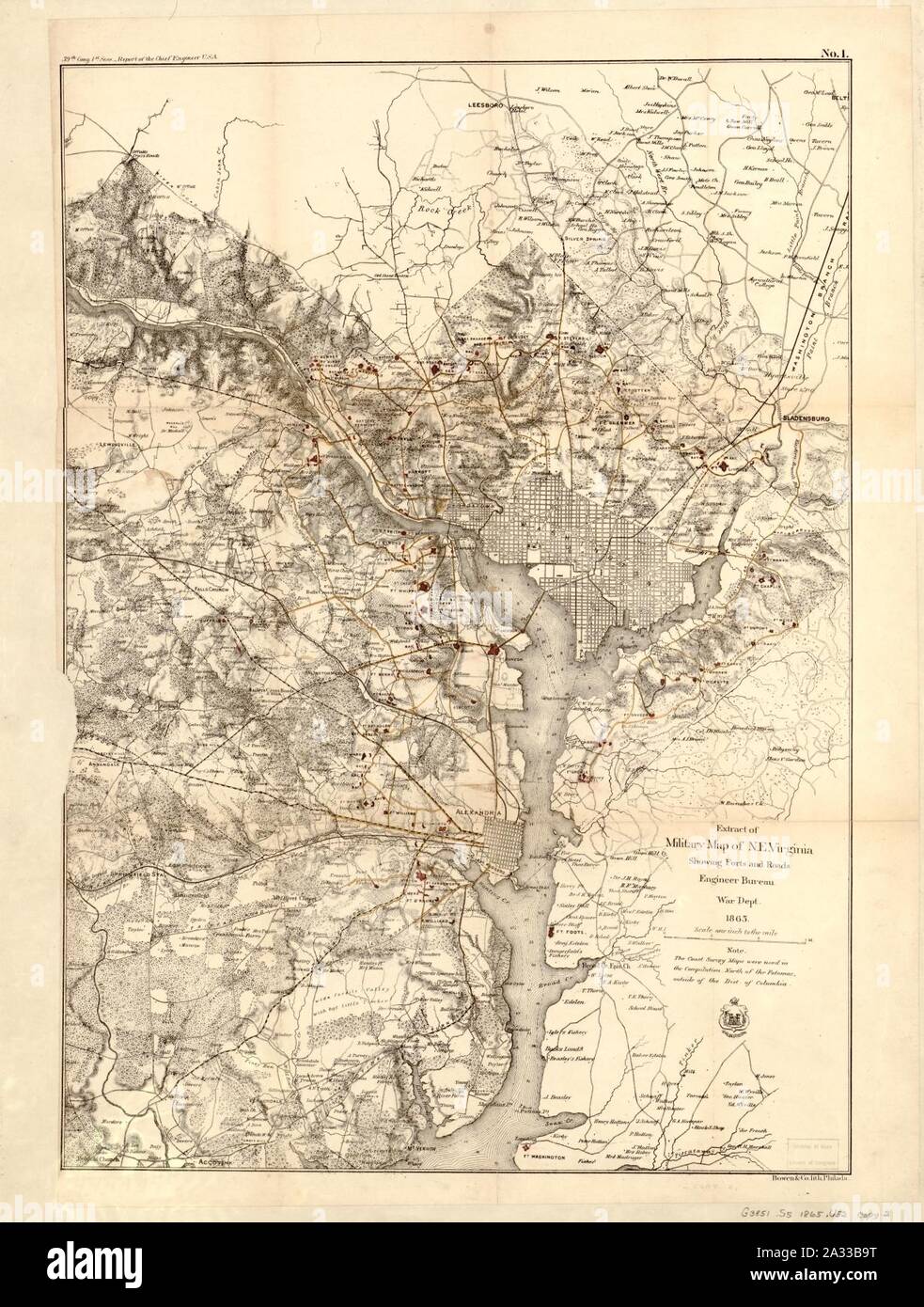 Extract of military map of N.E. Virginia showing forts and roads Stock ...
