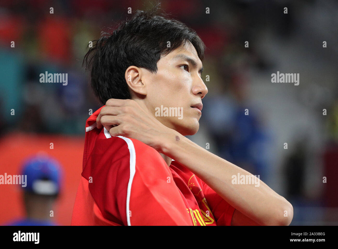 Doha, Qatar. 4th Oct, 2019. Wang Yu of China looks on before the men's ...