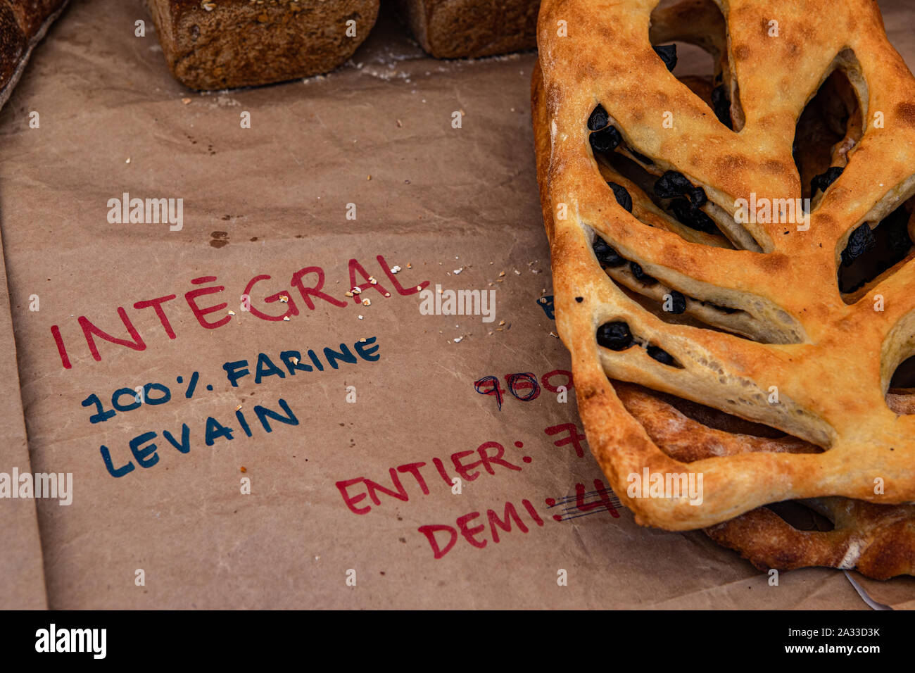 French writing is viewed closeup, describing the ingredients for ...
