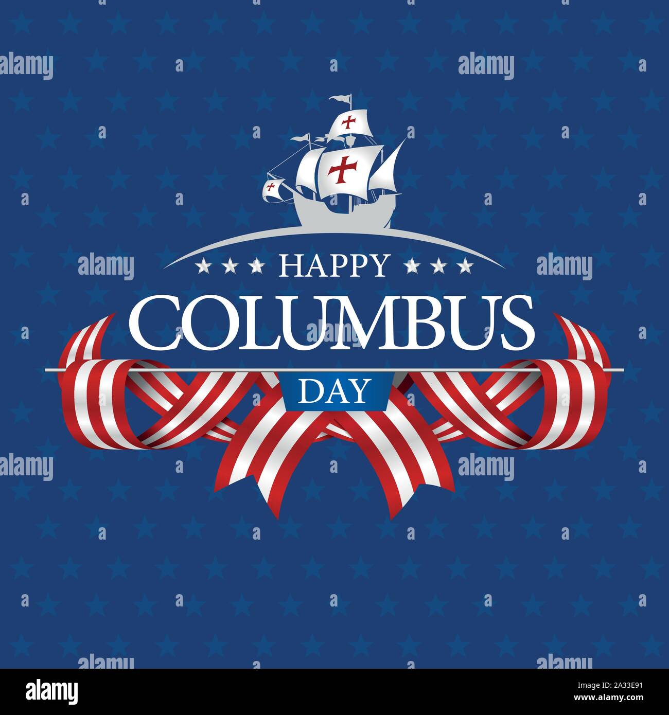 HAPPY COLUMBUS DAY Greeting card. White caravel on the title surrounded ...