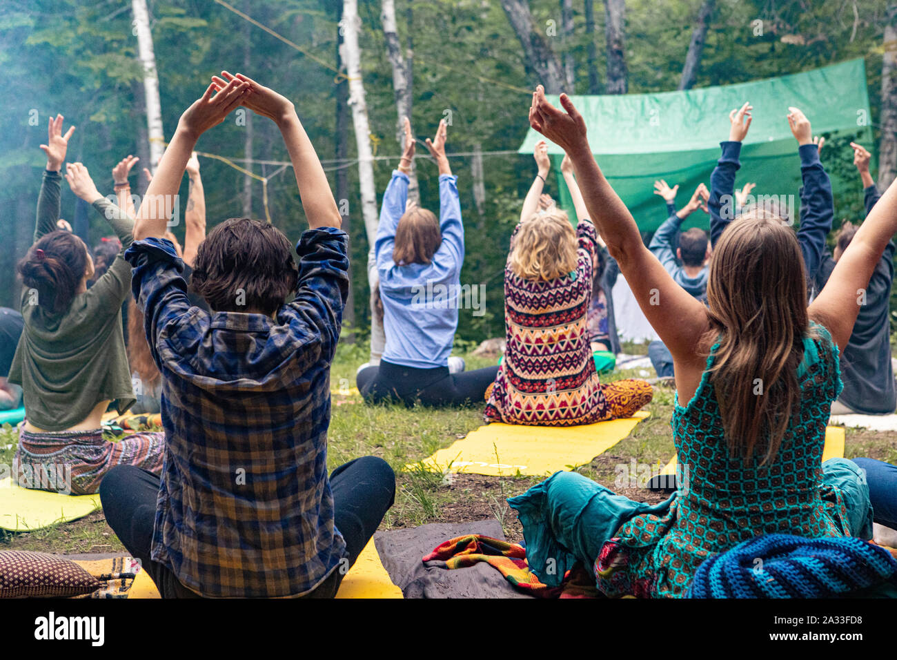 A large group of intergenerational people are seen from behind ...