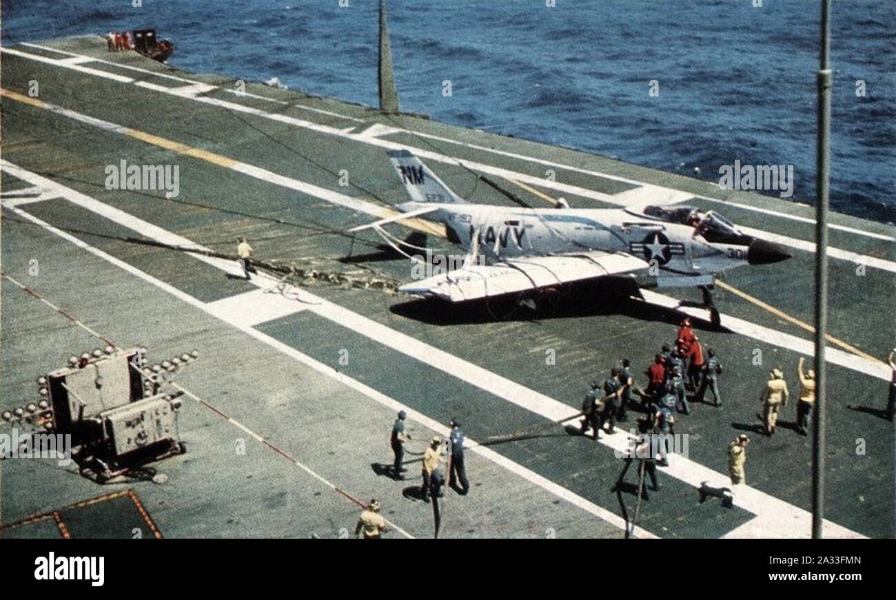 F3H-2 of VF-193 after barrier landing on USS Bon Homme Richard (CVA-31 ...