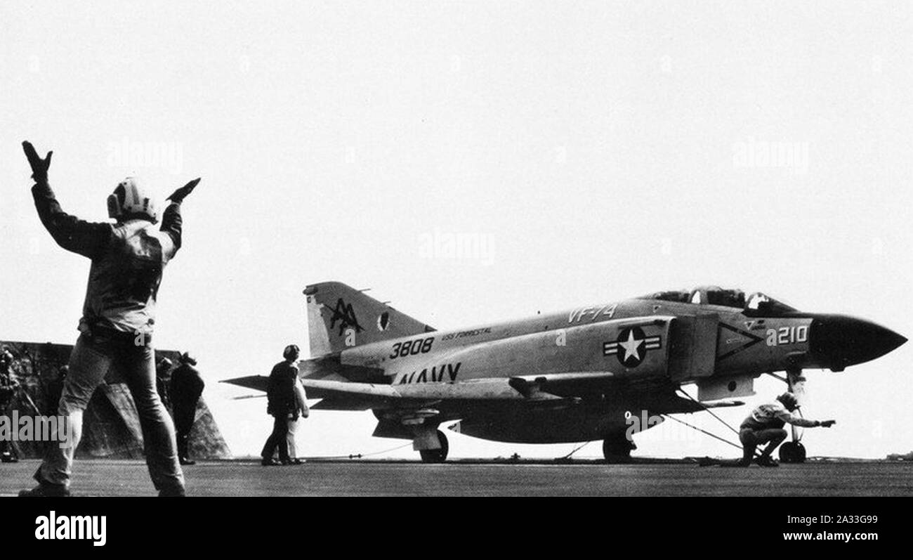 F-4J Phantom II of VF-74 launches from USS Forrestal (CVA-59) in 1974 ...
