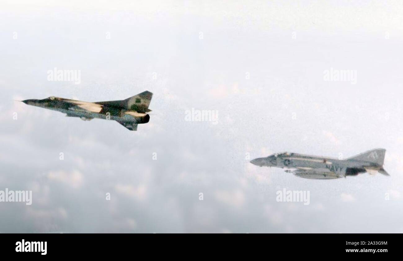 F-4J of VF-74 with Libyan MiG-23 over Gulf of Sidra 1981 (modified ...