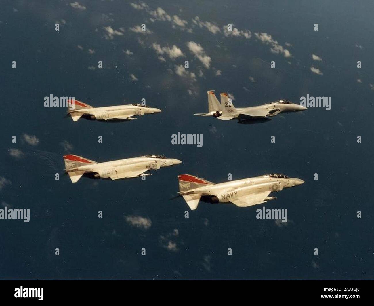 F-4S Phantoms of VF-161 in flight with 18th TFW F-15C Eagle c1983 Stock ...