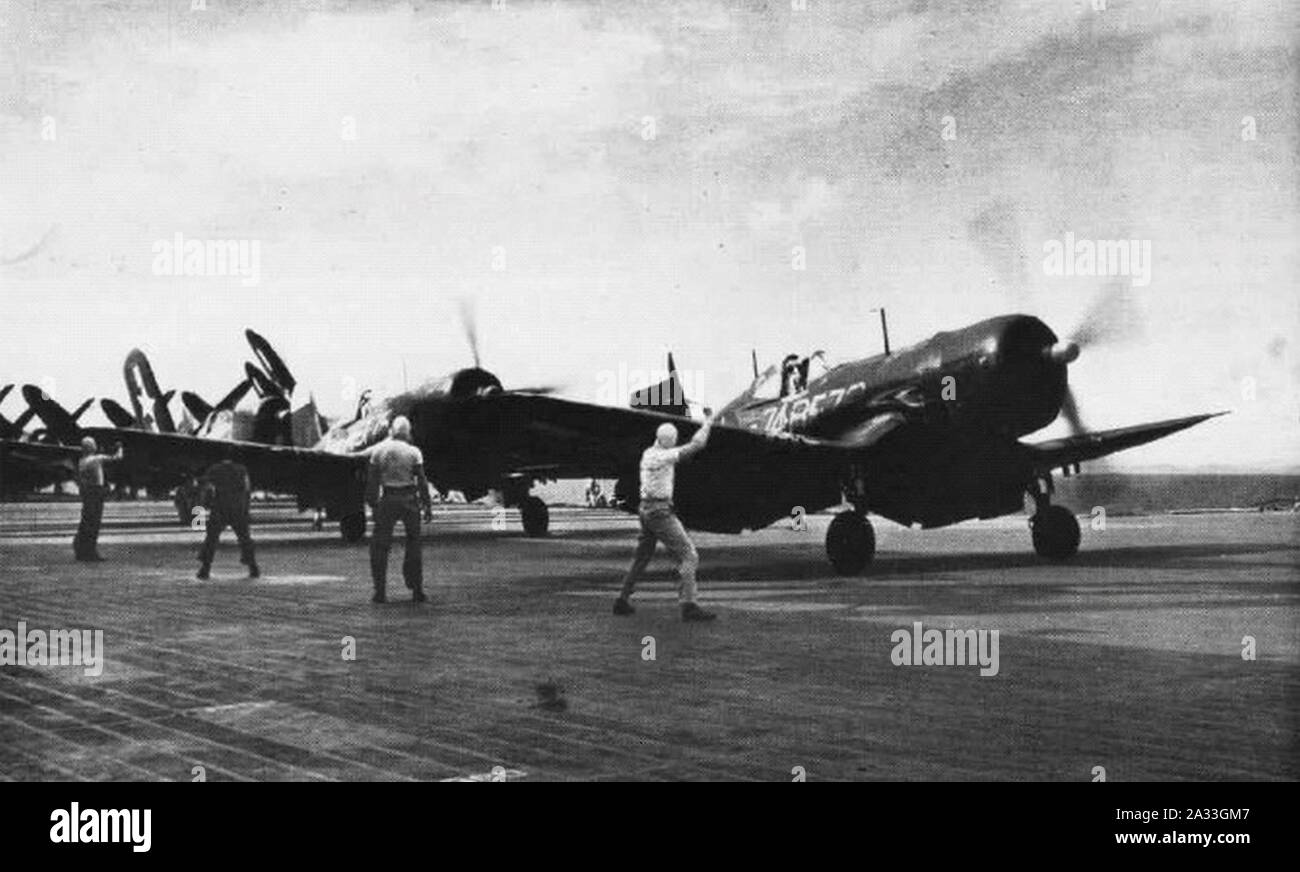F4U-4 Corsairs of VBF-74 launch from USS Midway (CVB-41) circa in late ...