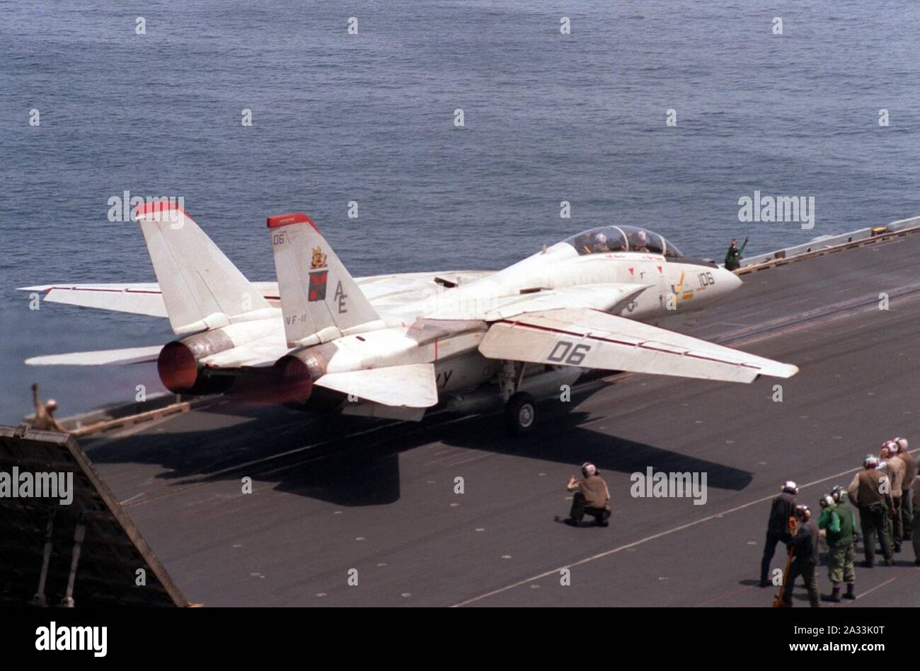 F-14A of VF-11 is launched from USS Forrestal (CV-59) in July 1988 ...