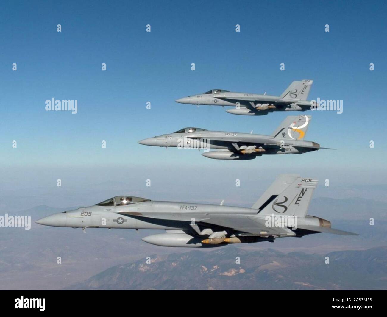 F-18Es VFA-137 in flight 2004 Stock Photo - Alamy