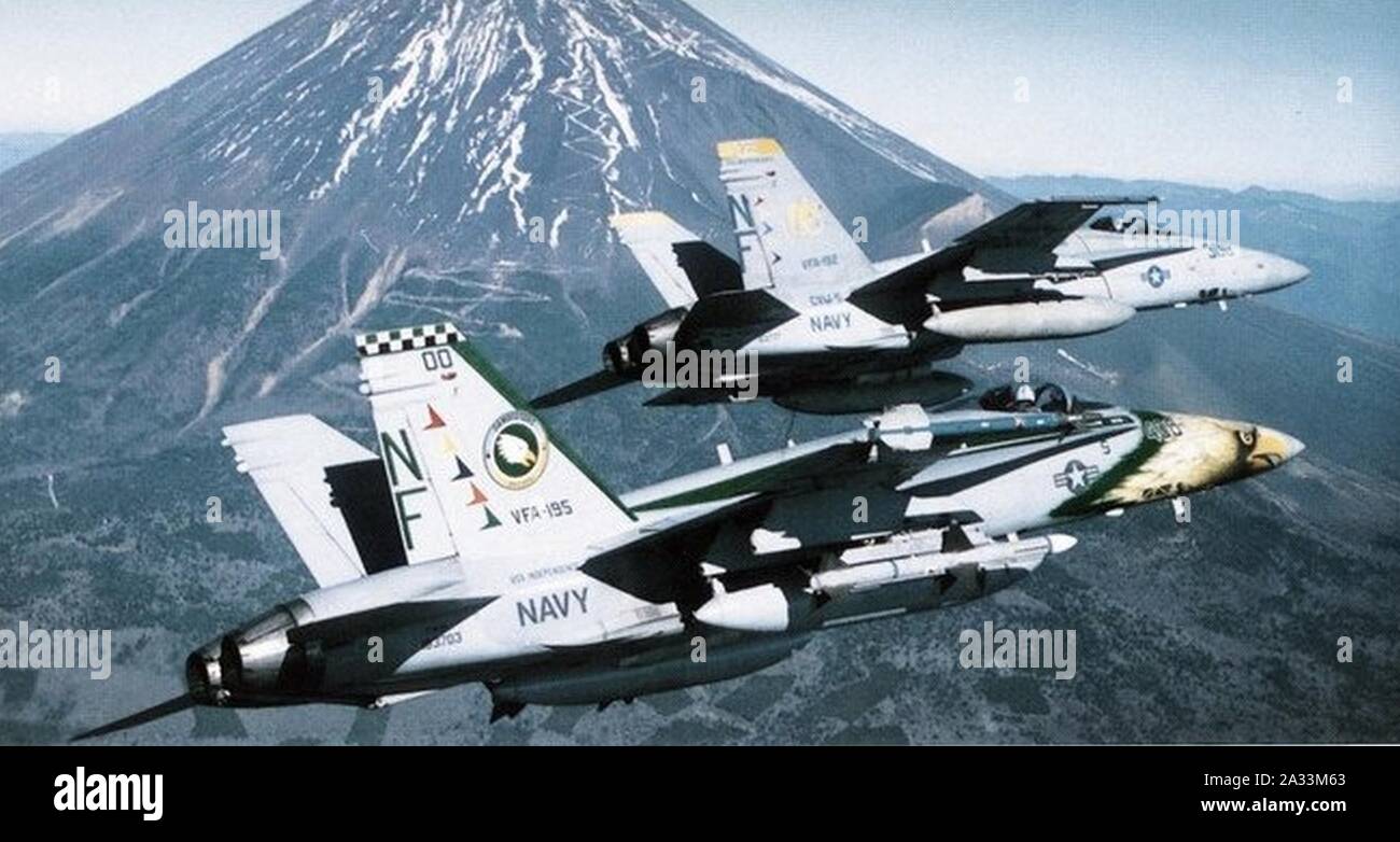 F-18C Hornets from VFA-192 and VFA-195 in flight 1996 Stock Photo - Alamy