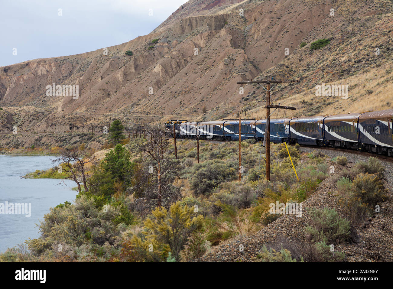 The Rocky Mountaineer tourist train making its way through the Thompson ...