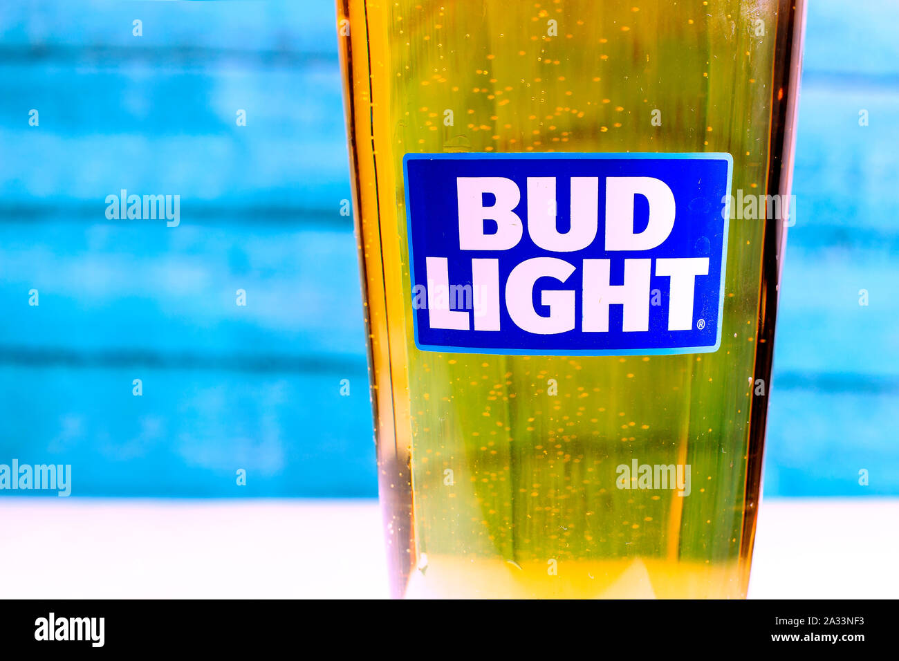 Calgary AB, Canada. October 4, 2019. Bud Light Pint Beer on a green ...