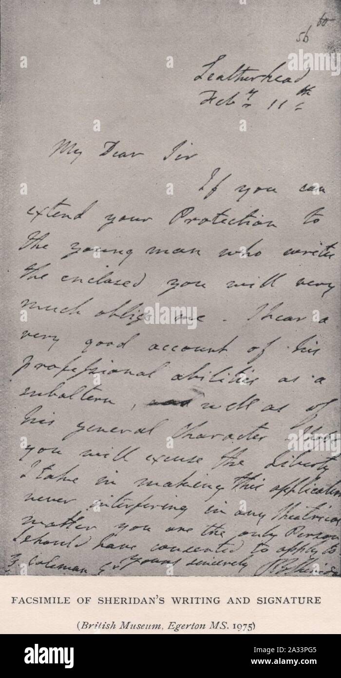 Facsimile Of Sheridan's Writing And Signature Stock Photo - Alamy