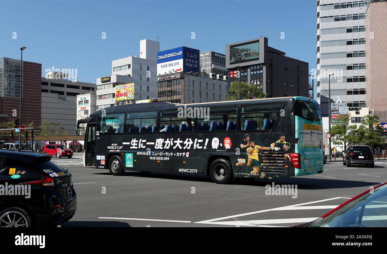 Rugby World Cup branded bus in the centre of Oita before the 2019 Rugby ...