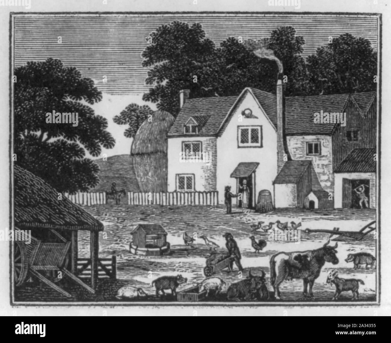 Farm scene showing house, animals, people working Stock Photo - Alamy