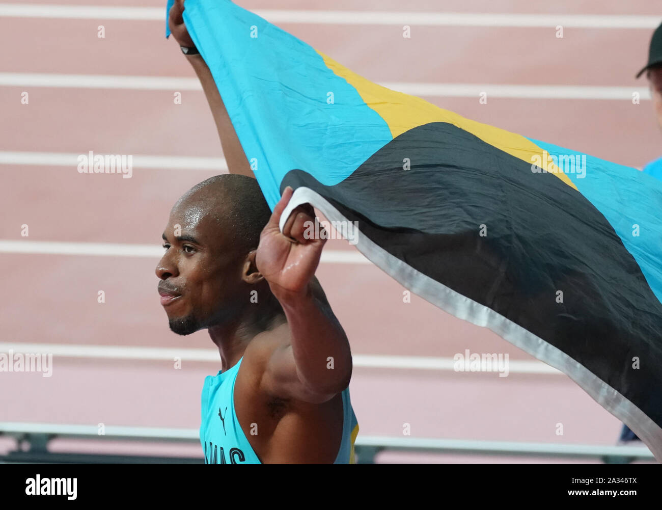 Doha, Qatar. 4th Oct, 2019. Steven Gardiner of Bahamas reacts after the ...