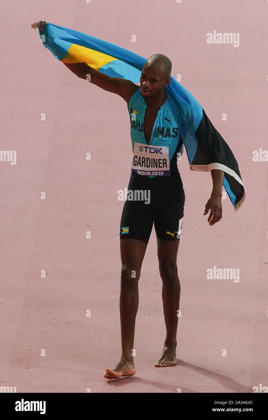 Doha, Qatar. 4th Oct, 2019. Steven Gardiner of Bahamas reacts after the ...