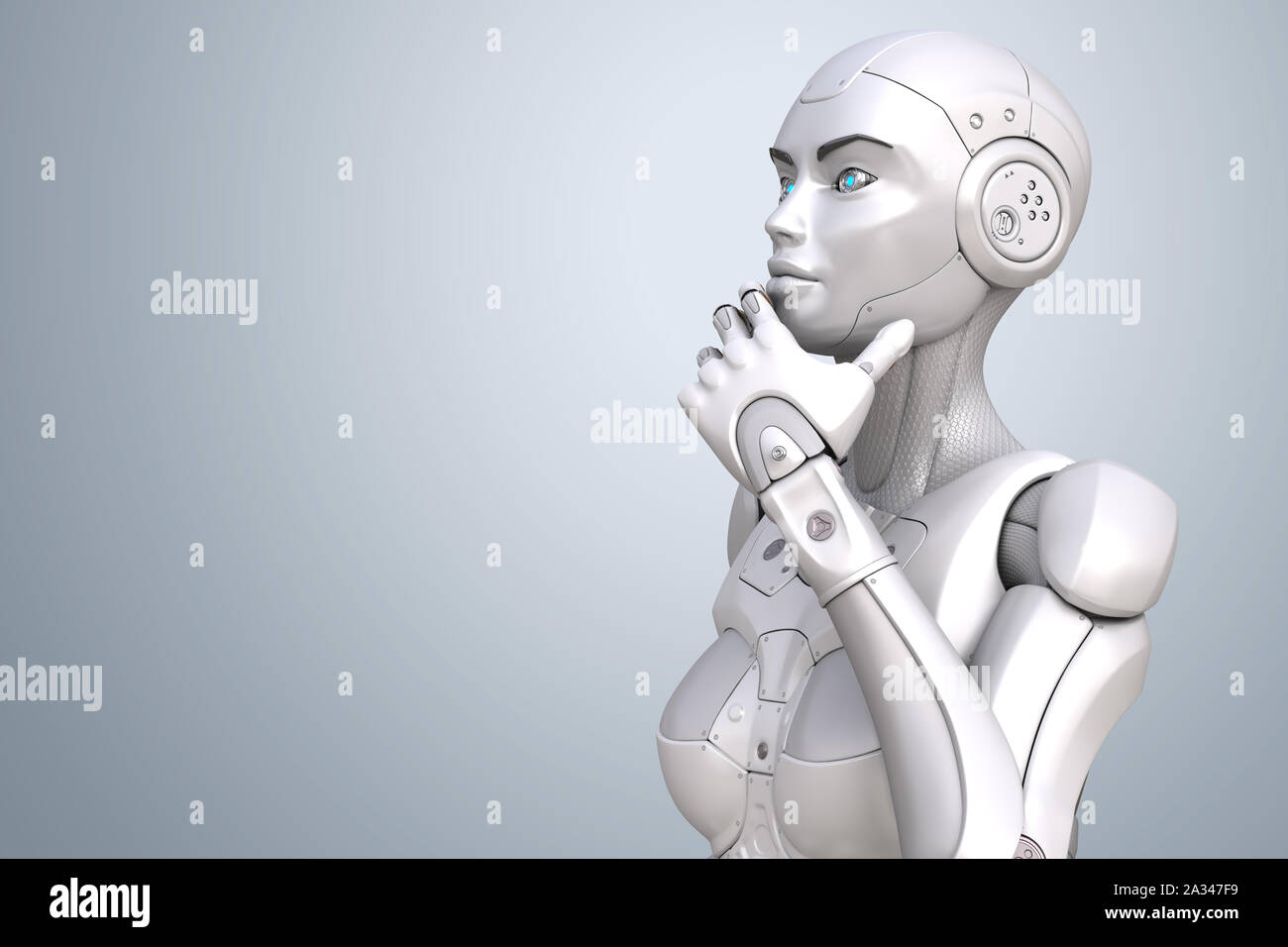 Cyborg stands in a pensive pose on bright background. 3D illustration ...