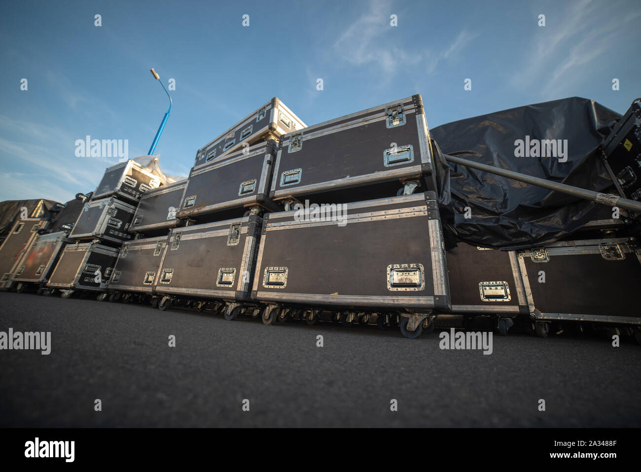 preparation for the concert. Equipment boxes Stock Photo - Alamy