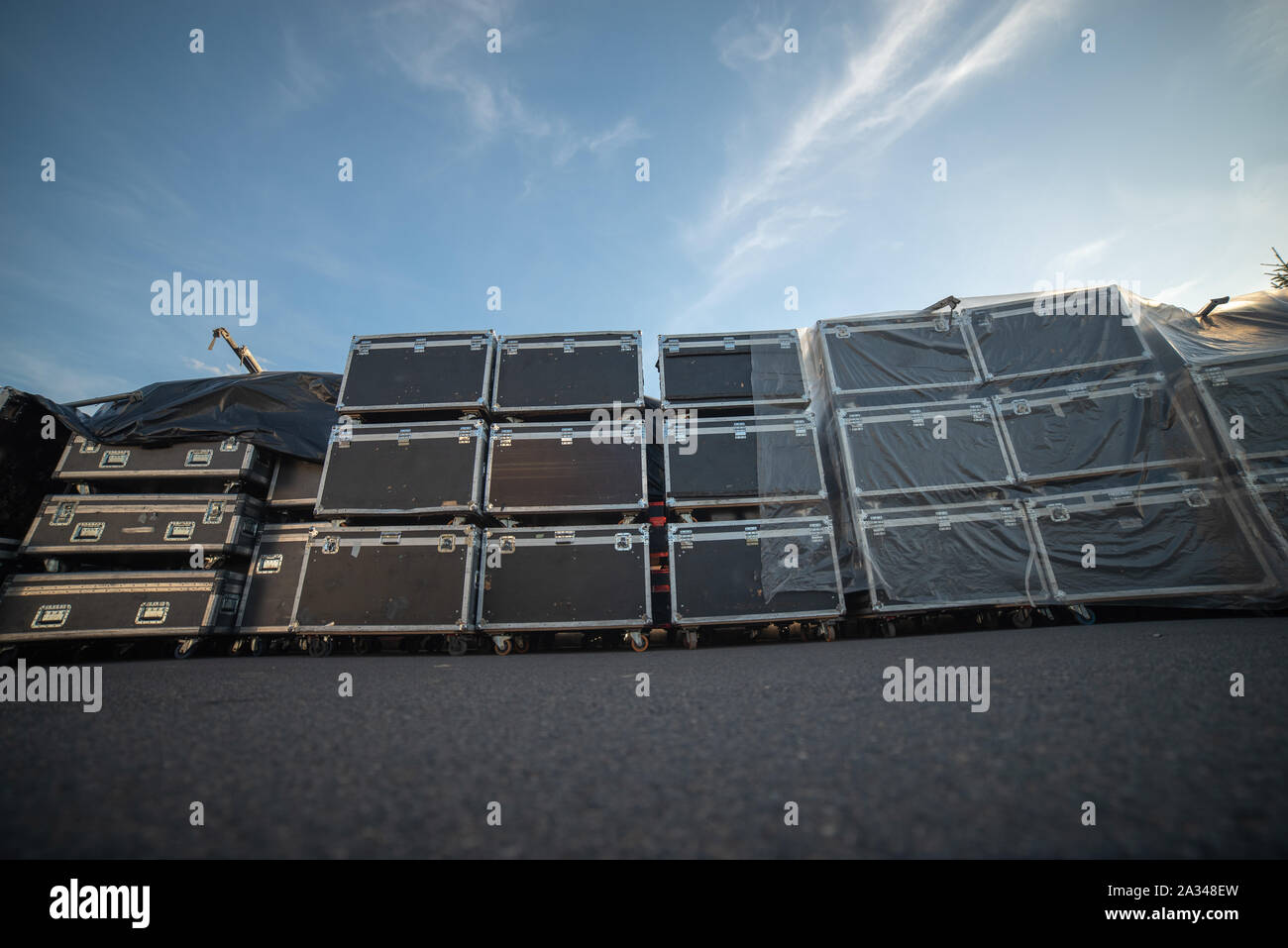 preparation for the concert. Equipment boxes Stock Photo - Alamy