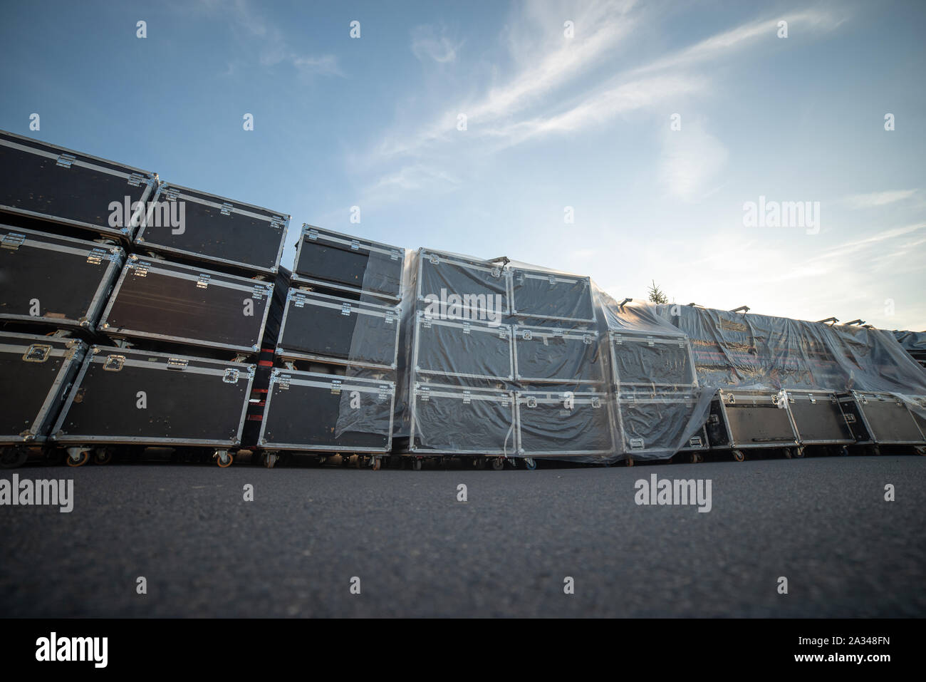 preparation for the concert. Equipment boxes Stock Photo - Alamy
