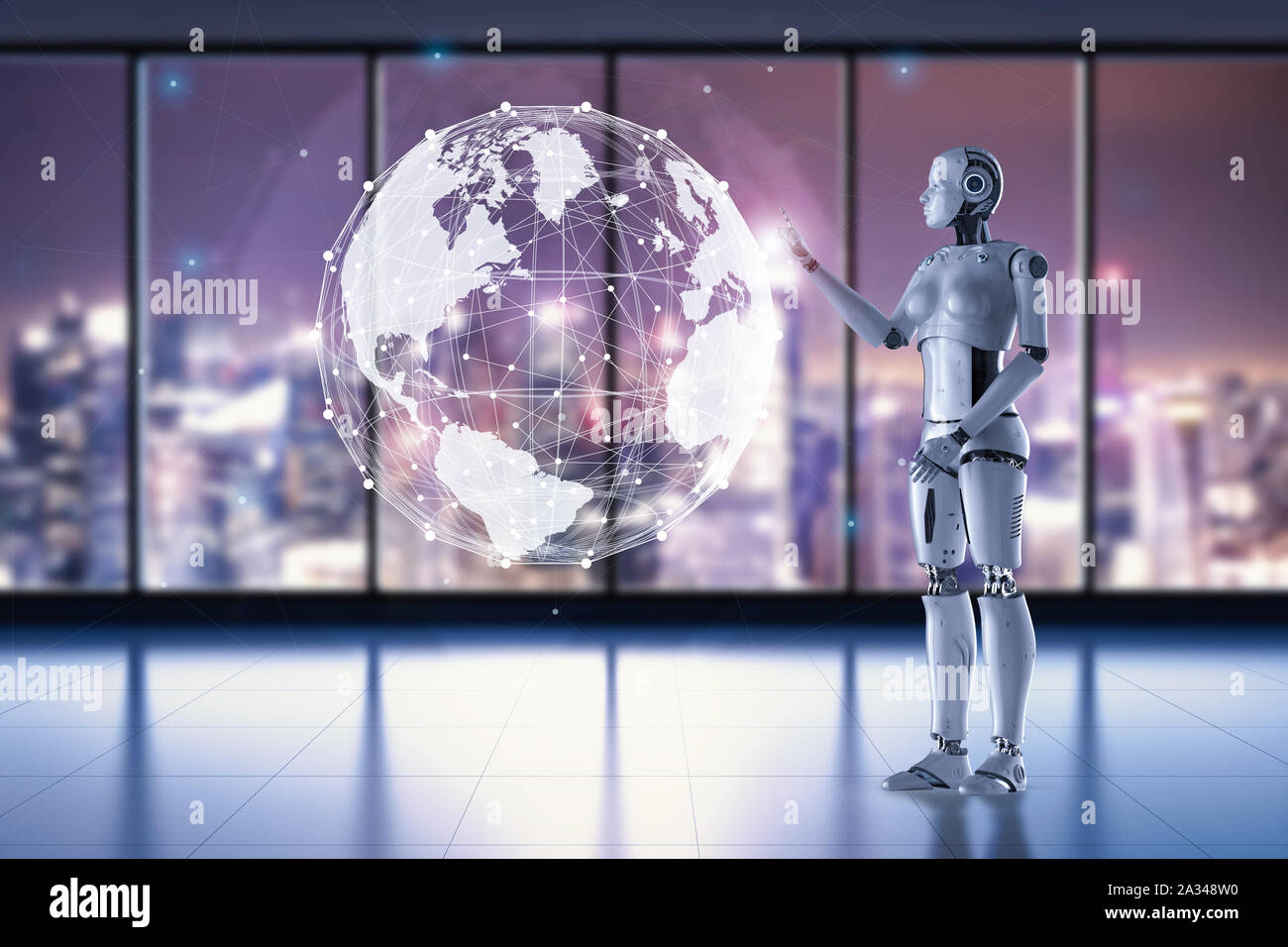 Globalization technology concept with 3d rendering female robot working ...