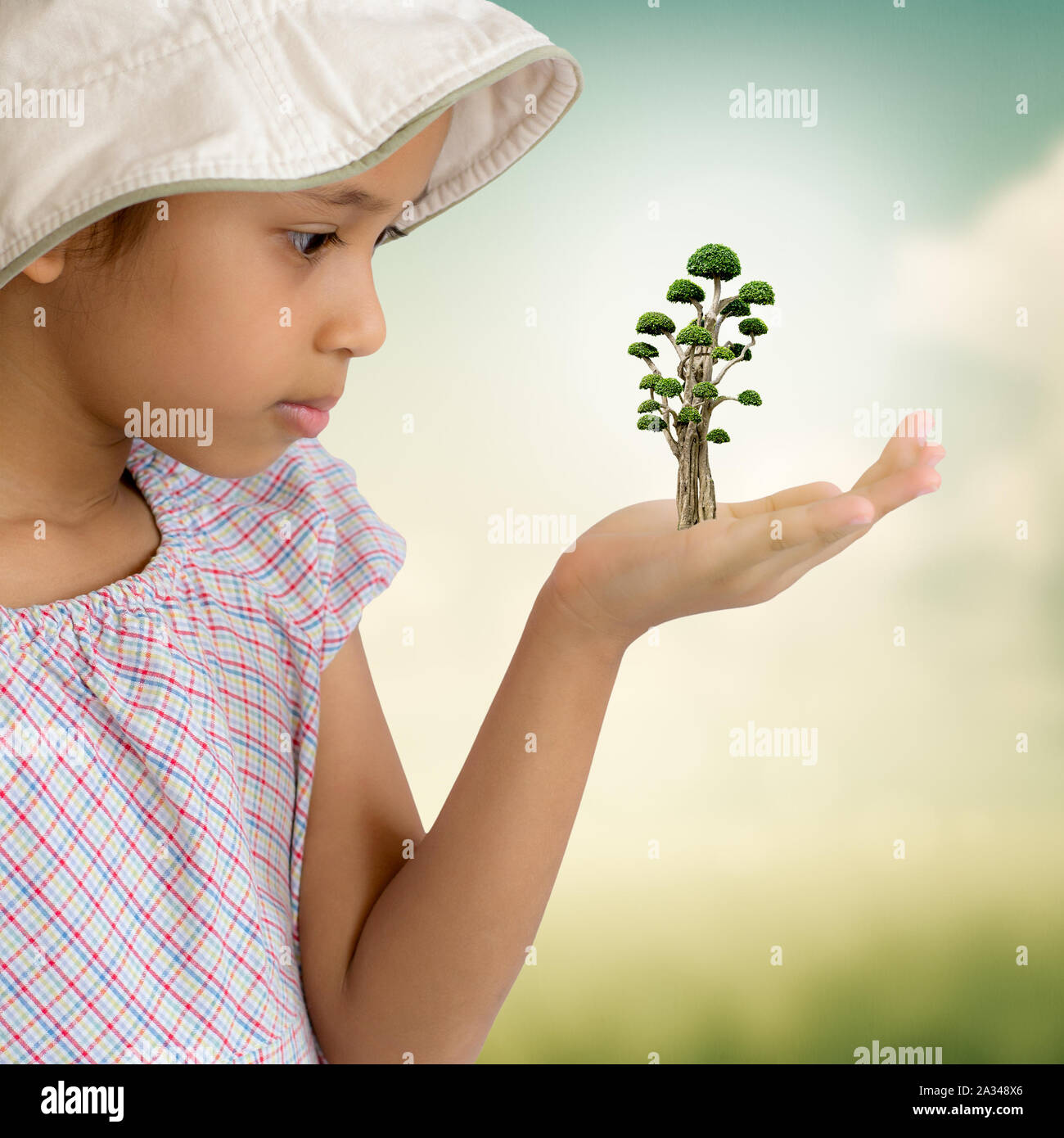 Cute girl carrying a tree on her hand with natural background Stock ...