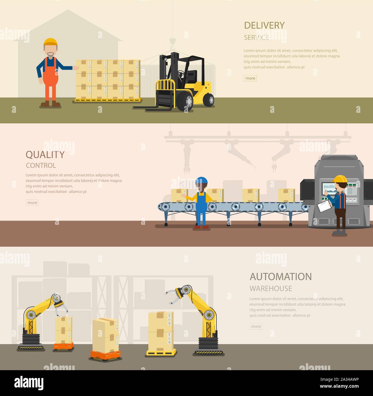 Set of warehoue banners with worker in process vector illustration ...