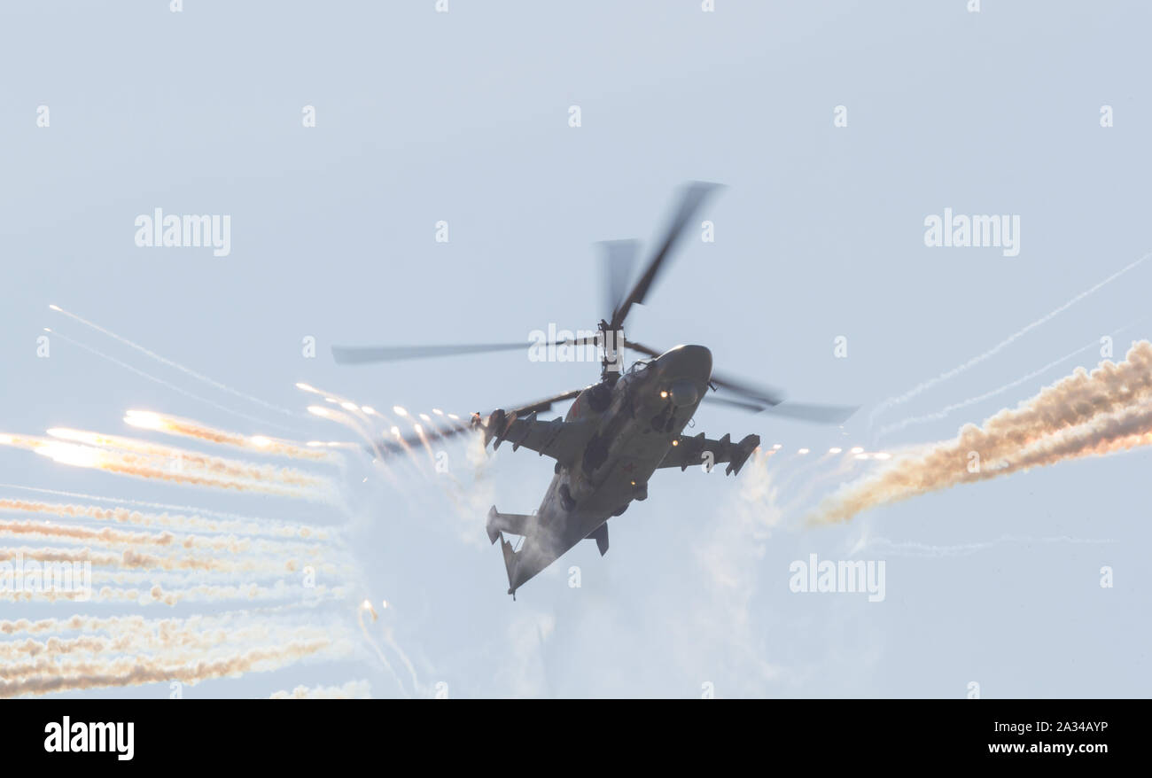 29 AUGUST 2019 MOSCOW, RUSSIA: A big military combat helicopter spreads ...