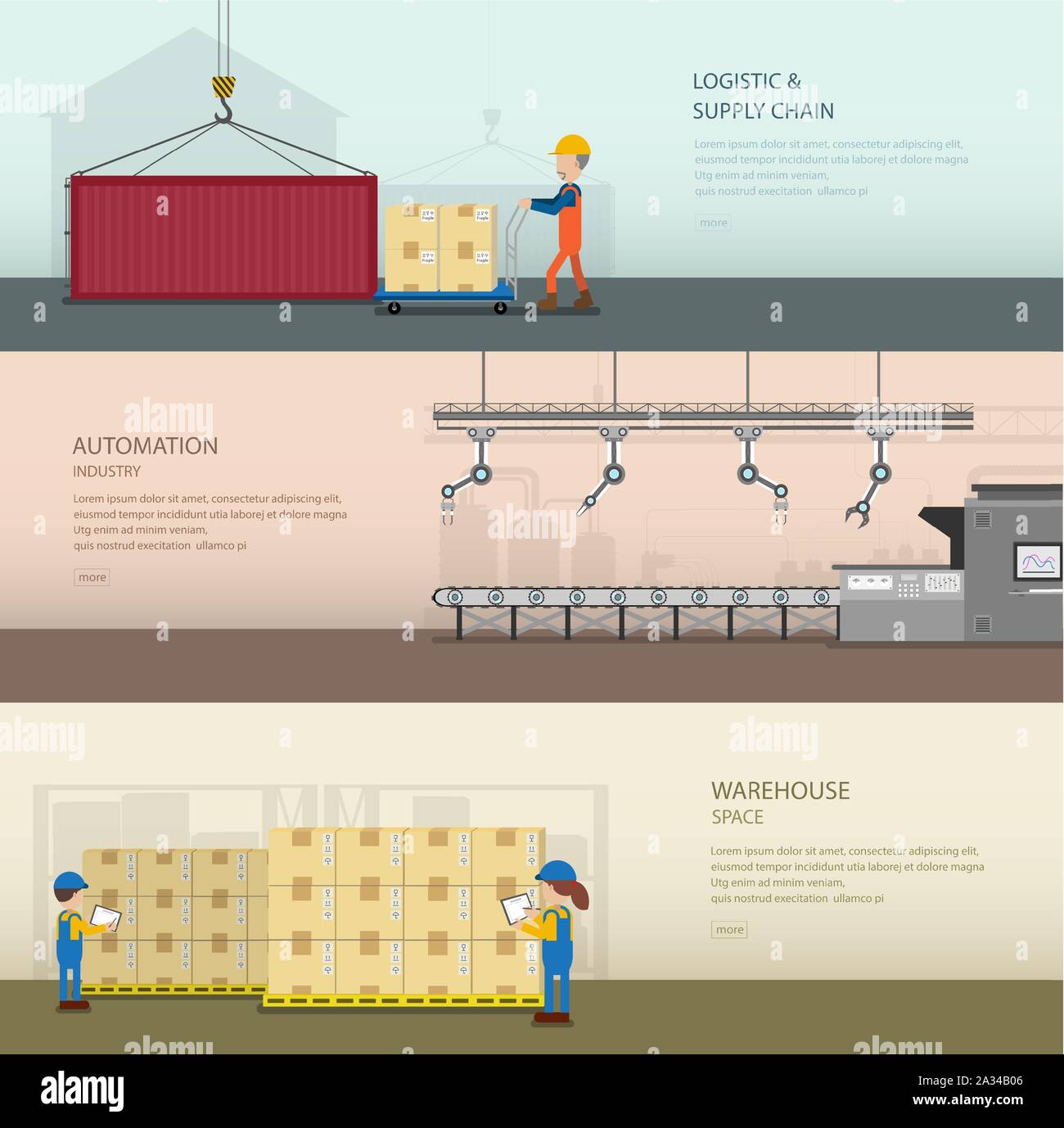 Set of warehoue banners with worker in process vector illustration ...