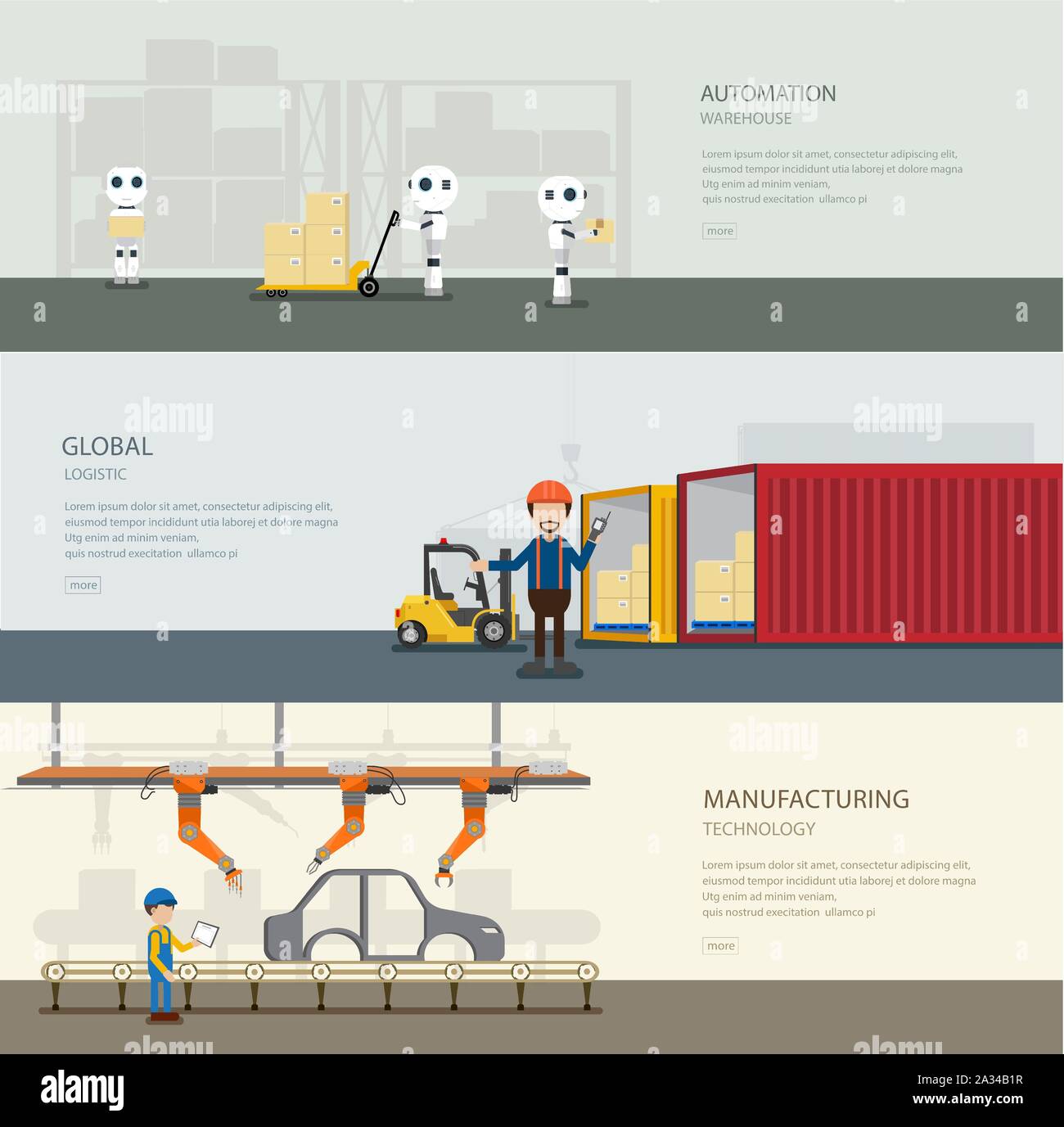 Set of warehoue banners with worker in process vector illustration ...